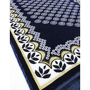 Modefa Turkish Islamic Velvet Prayer Rug - Thin & Lightweight Praying Carpet - Muslim Janamaz Sajadah for Men & Women - Ramadan or Eid Gift - Kufi Cap & Beads - Floral Daisy Arch (Navy Blue)