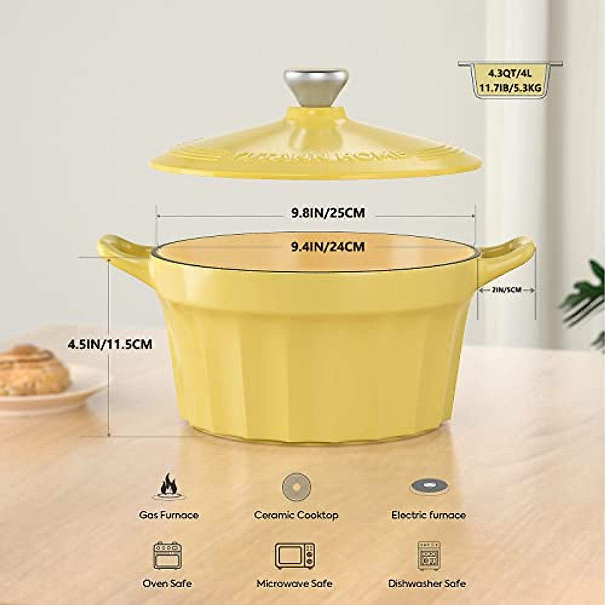 HUABANG Enameled Cast Iron Dutch Oven with Lid, 4.3Qt Pleated Cast Iron Pot w/Enamel Coating Suitable for All Kinds of Cookware,Induction Cooker,Dishwasher,3-5 Person Use,Home Baking (4.3Qt, Yellow)