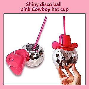 2 Pcs,Disco Ball Cups,Fashionable Pink Disco Ball Cowboy Hat,Disco Ball Cup with straw for Christmas Day,Halloween,Achelorette Party,New Year’s Eve,Birthday Party,Reusable And Removable