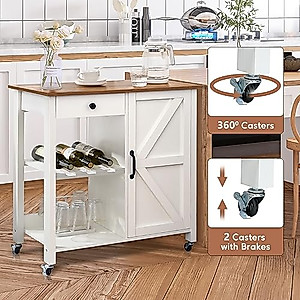 4 EVER WINNER Kitchen Island Cart on Wheel with Storage, 31" Farmhouse Island Table with Storage Drawer & Cabinet, Adjustable Shelf, Wine Rack,Rolling Small White Kitchen Coffee Cart for Dining Room