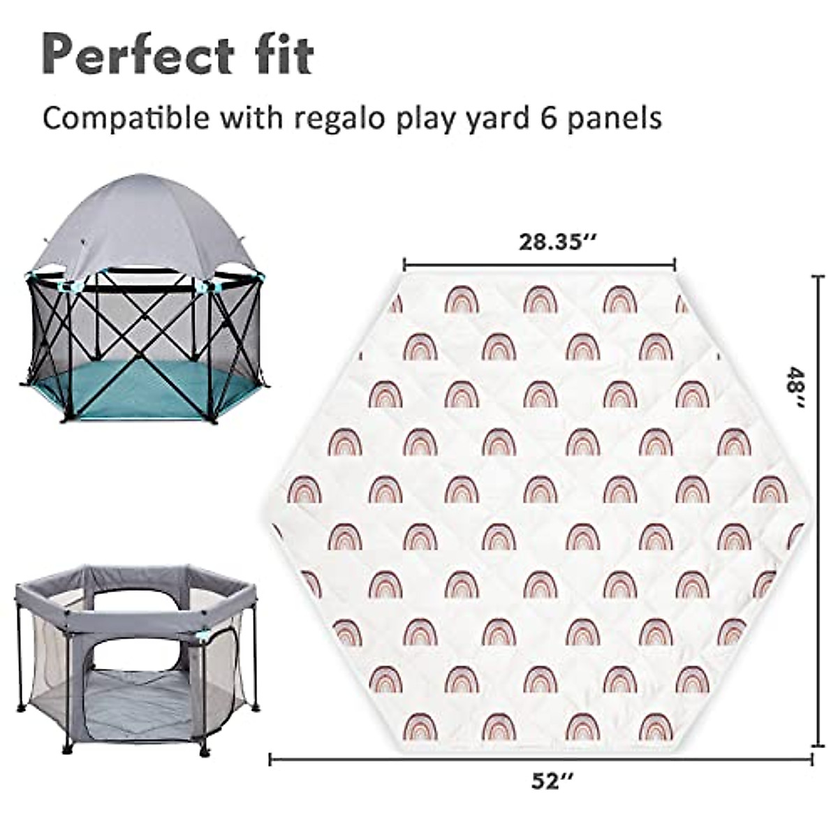 Hexagon Playpen Mat, Baby Floor Mat Fits Regalo Play Yard 6 Panel Playpen and Hiccapop PlayPod, Portable Playpen Mattress,Non Slip, Baby Essentials, Rainbow
