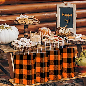 Whaline 20 Pieces Thanksgiving Fall Halloween Paper Bags Orange Black Buffalo Plaid Kraft Party Bags with Handle Party Favor Gift Bag Candy Treat Bag for Autumn Thanksgiving Halloween Wedding