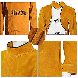 Jewboer Leather Welding Apron with Sleeve,Heavy Duty Welding Jacket,Heat Flame Resistant Weld Coat for Men Women,XL