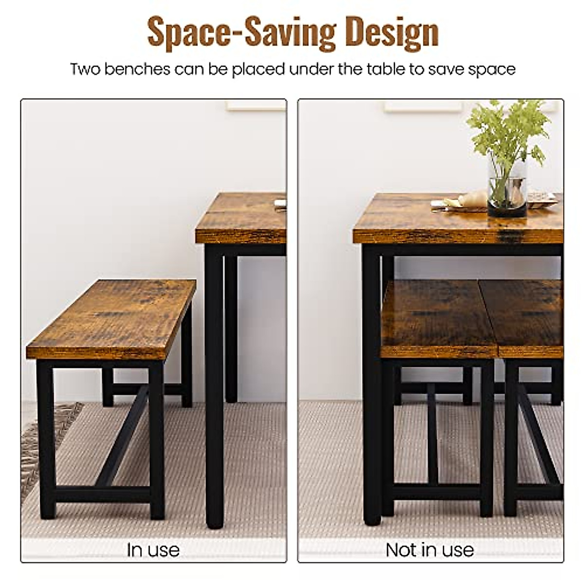 Recaceik 3-Piece Dining Table Set for 4, 43'' Dining Room Table Set with 2 Benches, Space-Saving Dinette Table with Metal Frame & MDF Board, Kitchen Breakfast Table for Dining Room, Rustic Brown