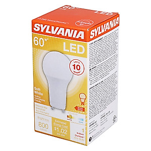 SYLVANIA A19 LED Light Bulb, 8.5W, 60W Equivalent, 10 Year, Non-Dimmable, 800 Lumens, 2700K, Soft White - 1 Pack (78106)