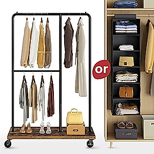 Rolanstar Clothing Garment Rack with Hanging Closet Organizer, Adjustable Heavy Duty Clothes Rack, with Rolling Wheels and 2 Brakes, Great for Living Room, Bedroom