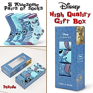 Disney Womens Novelty Socks, Pack of 5 Soft Calf Socks - Gifts for her (Blue Stitch)