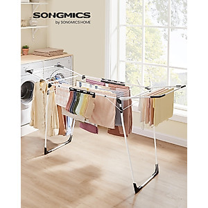SONGMICS Clothes Drying Rack Foldable, Gullwing Laundry Drying Rack, Space-Saving, 22.2 x 68.1 x 38 Inches, Sock Clips, Metal Structure, for Clothes, Towels, Linens, Indoor, Outdoor White ULLR518W01