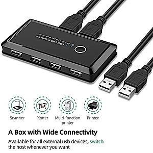 USB Switch Selector KVM Switch 2 Computers Sharing 4 USB Devices USB 2.0 Peripheral Switcher Box Hub for Mouse Keyboard Scanner Printer PCs with One-Button Swapping and 2 Pack USB A to A Cable