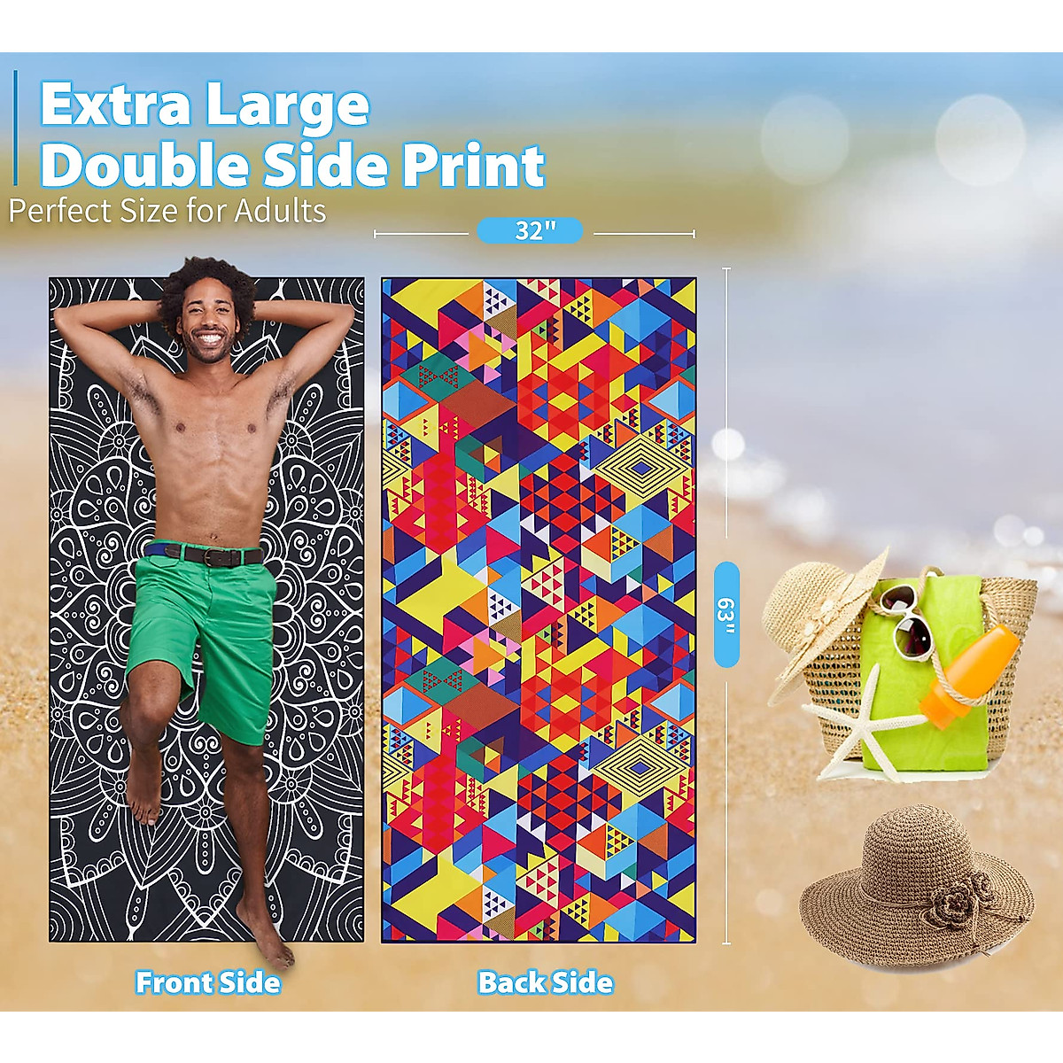 Microfiber Sand Free Beach Towel-Quick Dry Super Absorbent Lightweight Oversized Large Towels Blanket for Travel Pool Swimming Bath Girl Women Men Geometric Triangle Black Mandala