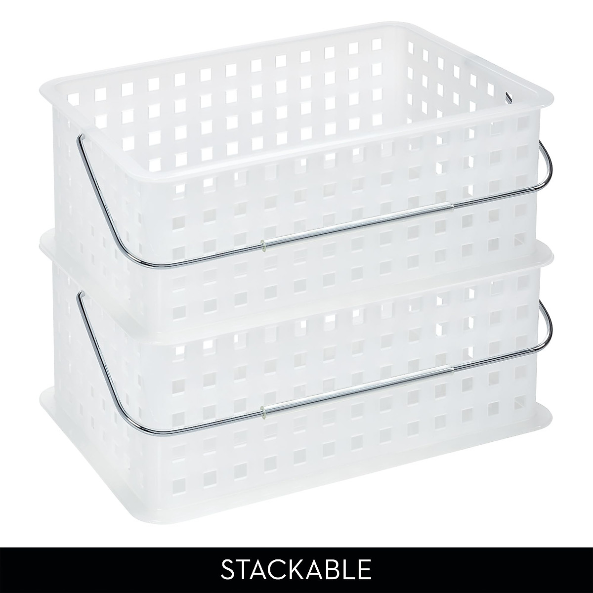 iDesign Spa Storage Organizer Basket with Handle, Stackable Container for Bathroom, Health, Cosmetics, Hair Supplies and Beauty Products, 8.69" x 13.94" x 5.12", Frost White
