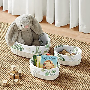 Sweet Jojo Designs Green Boho Floral Leaf Boy Girl Woven Storage Basket Set 3p Cotton Rope Diaper Bins Baby Nursery Kid Closet Drawer Organizer Liner White Bohemian Gender Neutral Watercolor Botanical