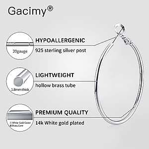 Gacimy Medium Silver Hoop Earrings for Women 14K White Gold Plated, 925 Sterling Silver Post Hoops for Women, 40mm White Gold Medium Earrings