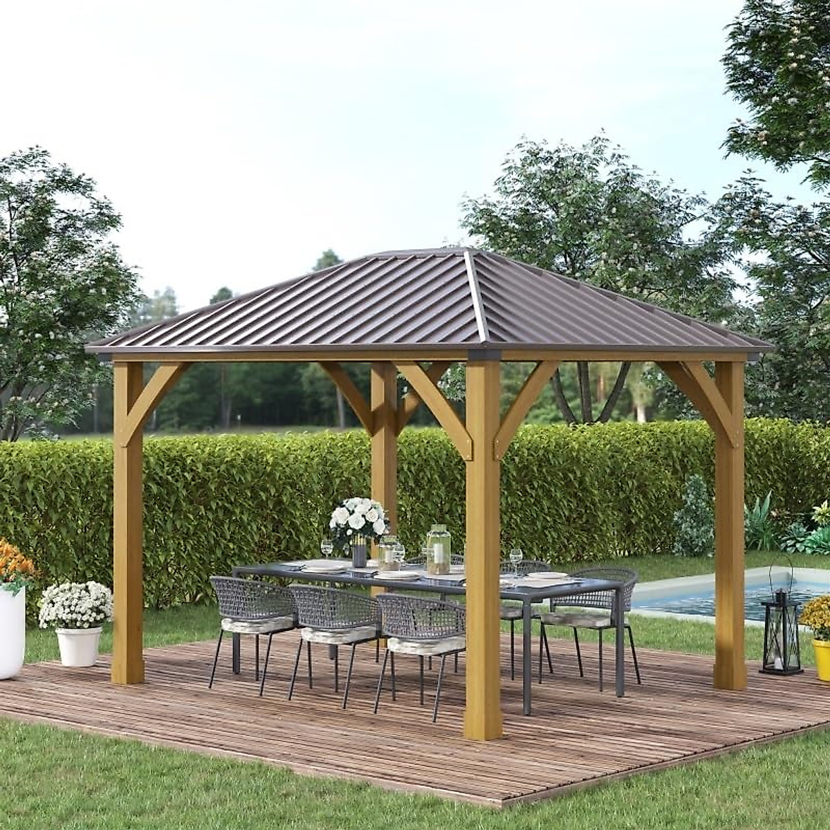 10x12 FT Modern Patio Pavilion Grill Gazebo, Permanent Metal Roof Waterproof Pergola, Galvanized Steel Gazebo with Wooden Frame for Garden Patio Backyard Party Deck Lawn