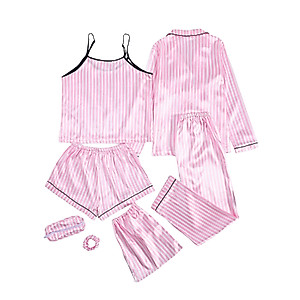 LYANER Women's Pajamas Set 7pcs Silk Satin Sleepwear Loungewear Cami Shirt Pj Set Striped Pink Medium