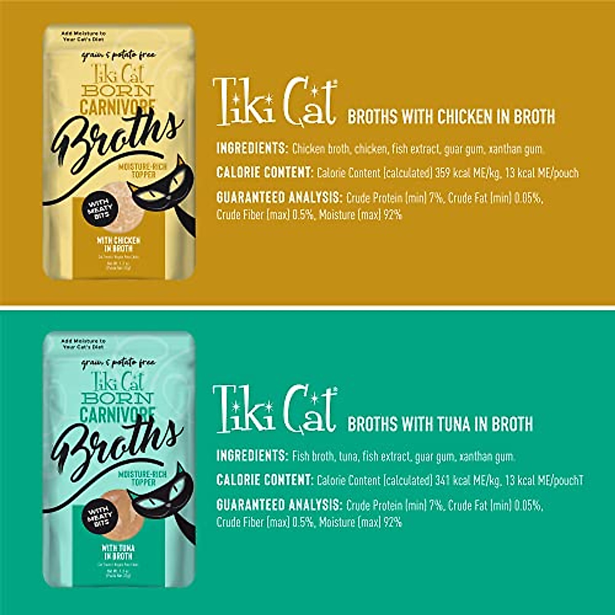 Tiki Pets Born Carnivore Broths Wet Cat Food Topper, Variety Pack 1.3 oz. Pouches (24 Count)