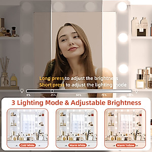 AODAILIHB Vanity Desk with Mirror and Lights, 35" Makeup Vanity Dressing Table with Vanity Stool/2 Drawers/Open Shelves/3 Color Lighting Modes & Brightness Bedroom Furniture (White)