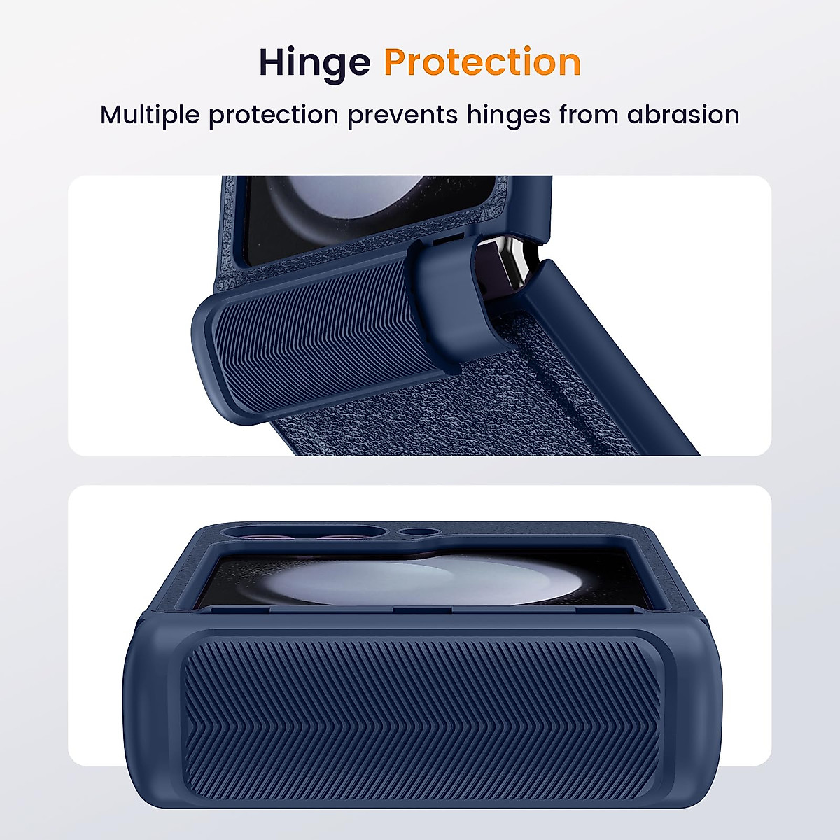 NULETO Blue Leather Galaxy Z Flip5 Case with Hinge Protection, Built-in Screen Protector