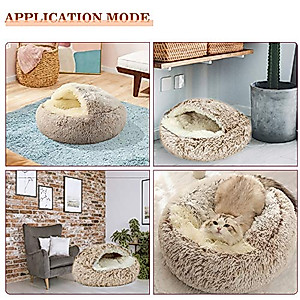 KWEWIK Cat Bed Round Soft Plush Burrowing Cave Hooded Cat Bed Donut for Dogs & Cats, Faux Fur Cuddler Round Comfortable Self Warming pet Bed, Machine Washable, Waterproof Bottom, Small, Coffee