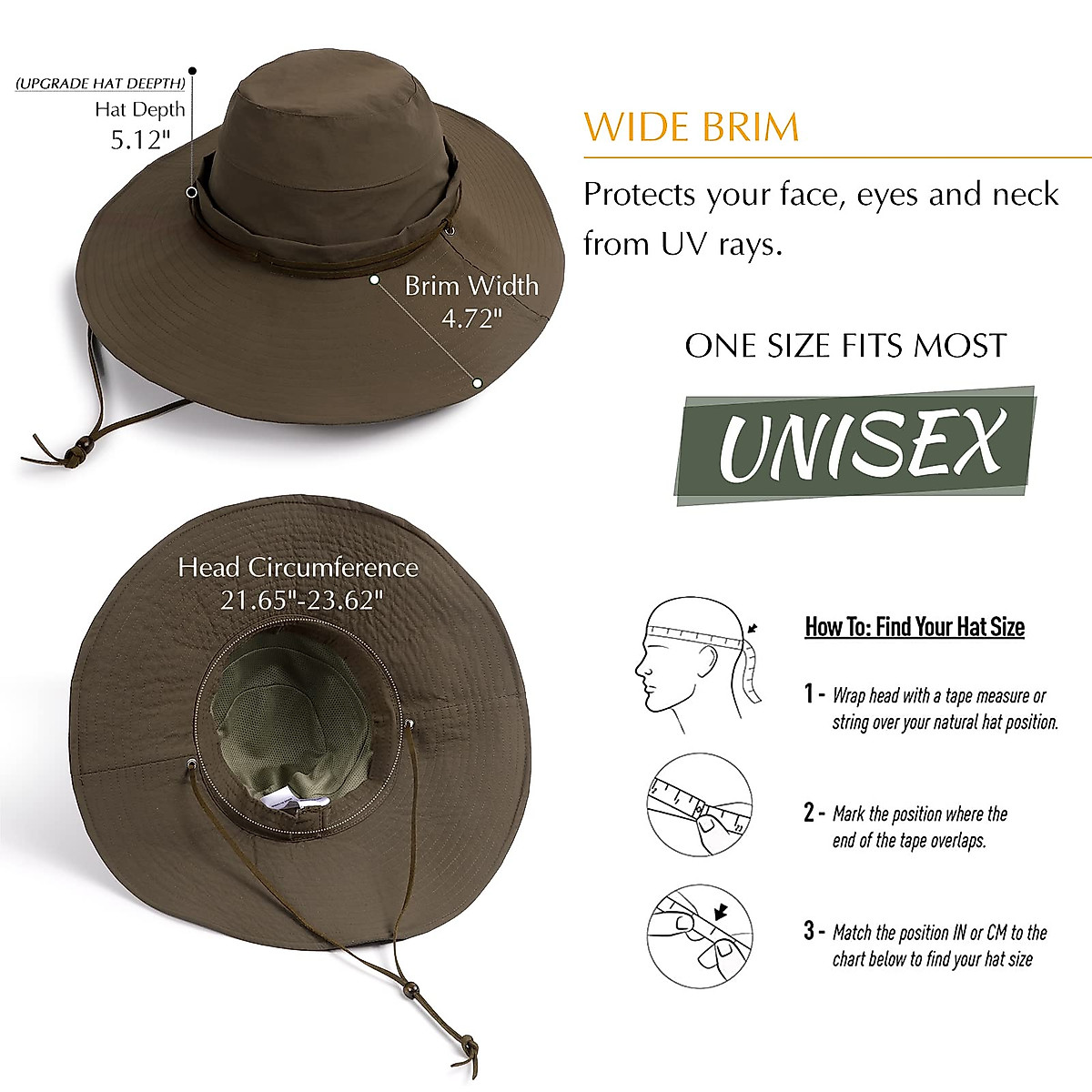 Wide Brim Sun Hats for Men Womens Waterproof UPF 50+ Boonie Bucket Hat UV Protection Packable Mens Beach Fishing Cap Hiking hat Grey