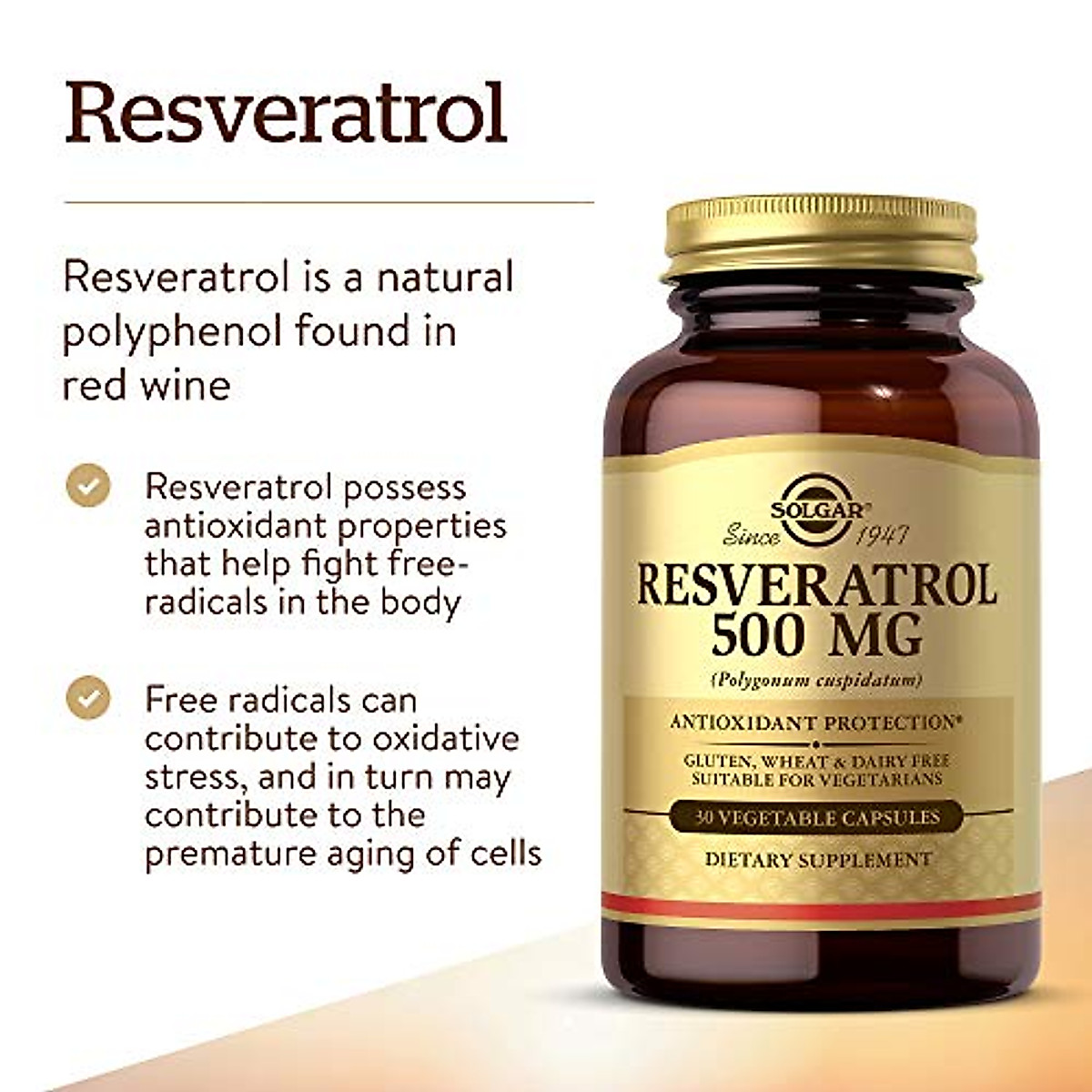 Solgar Resveratrol 500 mg, 30 Vegetable Capsules - Antioxidant Protection - Gluten Free, Dairy Free - 30 Servings