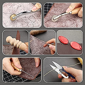 BAGERLA Leather Working Tools, Leather Sewing Kit with Waxed Thread Needle Awl Groover Tracing Wheel Prong Punch Storage Bag Leather Tools Kit Great for Leather Stitching and Leather DIY Crafting