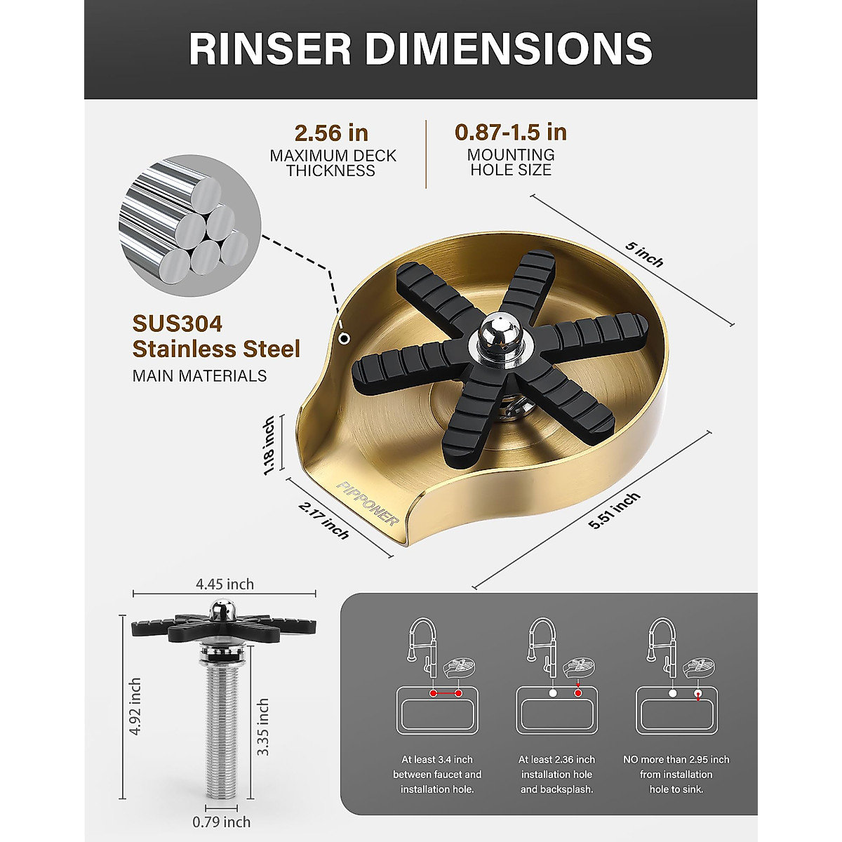 PIPPONER Glass Rinser for Kitchen Sink,Upgrade 360°Rotating Jet Cup Washer for Sink,Premium Stainless Steel Glass Washer for Kitchen Sink,Cup Washer Sink Attachment.(Brushed Champagne Gold)