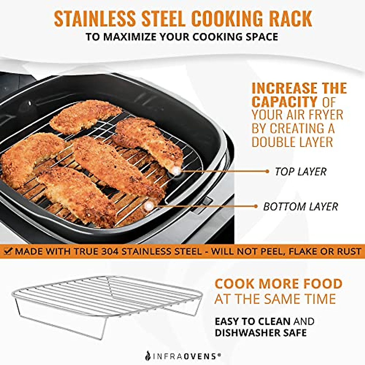Air Fryer Accessories with Rack, Reusable Mats and Cheat Sheet Guides Compatible with Gowise, Chefman, Cosori, PowerXL, Nuwave®, Gourmia + More - Stainless Steel Air Fryer Rack, Square 8.7 inches