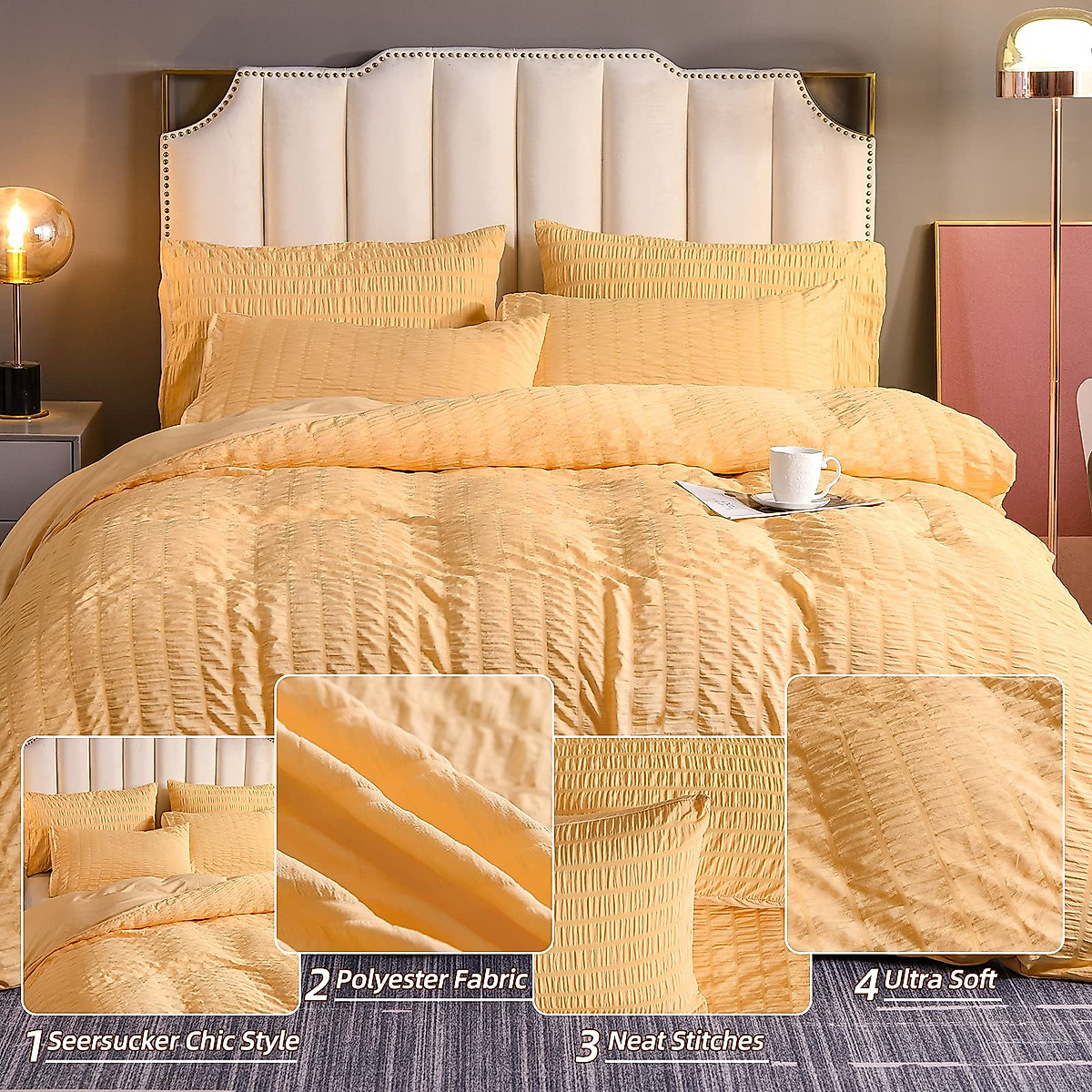 A Nice Night Seersucker Chic Comforter Set，Hotel Style Bedding Set,Soft Microfiber and Durable Bedding Set for All Seasons (Yellow, Queen(88-by-88-inches))
