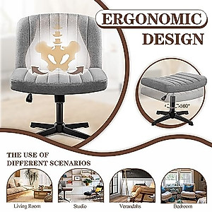 Kemon Armless Desk Chair No Wheels with Ottoman, Cross Legged Fabric Home Office Chairs, Height Adjustable Padded Wide Seat, Modern Swivel Computer Task Chair for Living Room, Grey