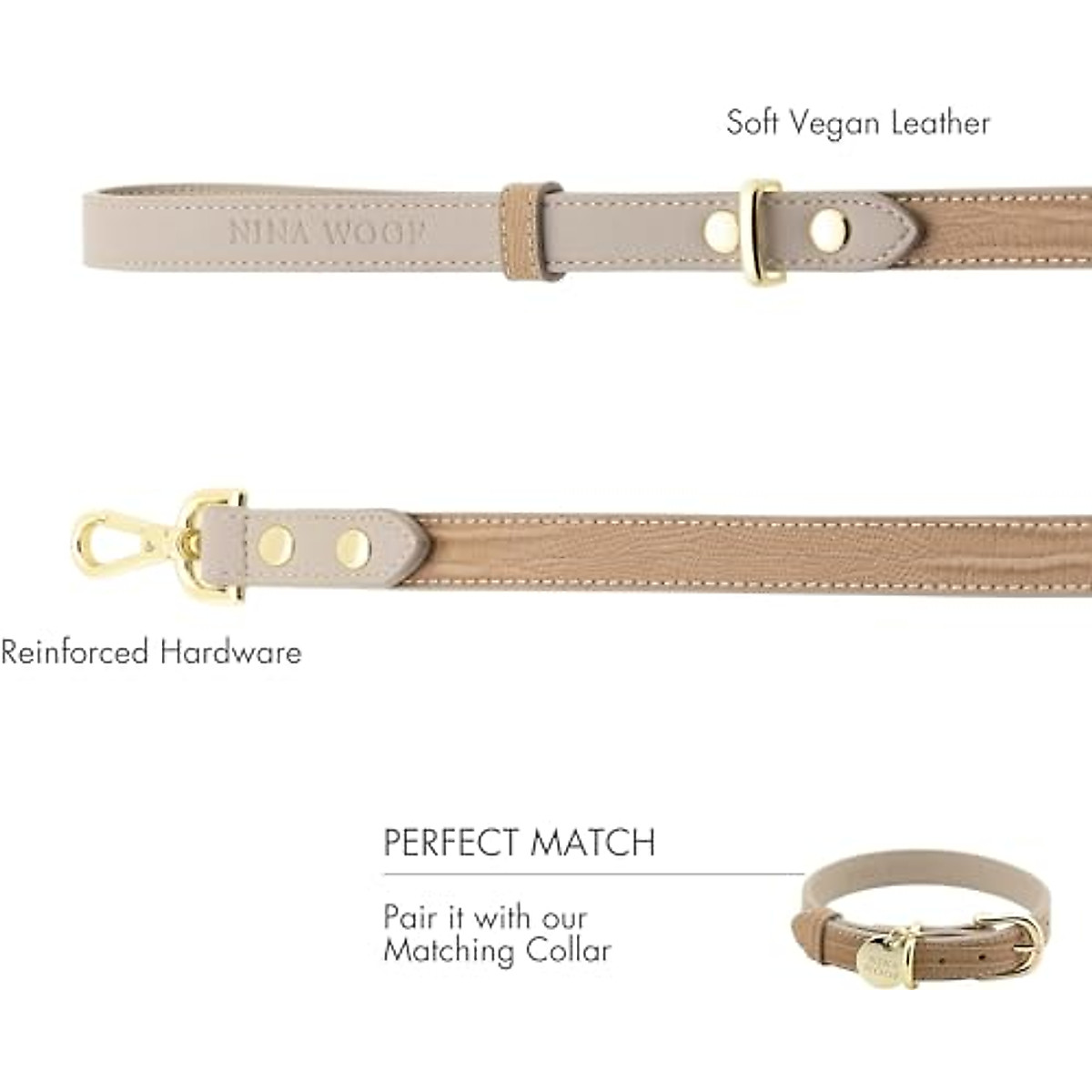 Nina Woof Milan Vegan Leather Dog Leash, 4ft Padded Slim Dog Lead, Vegan Crocodile Leather, Dog Leash for Small Dogs, Lightweight Dog Leashes for Medium Dogs, Thin Dog Leash, Beige