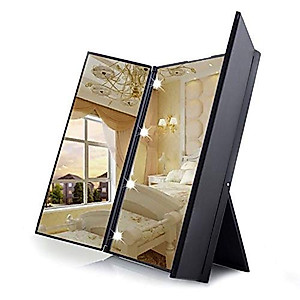 KXA Tri-Fold Vanity Mirror, 8 LED Lighted with Touch Screen 1X Magnification and USB Charging Adjustable Brightness and Stand for Makeup