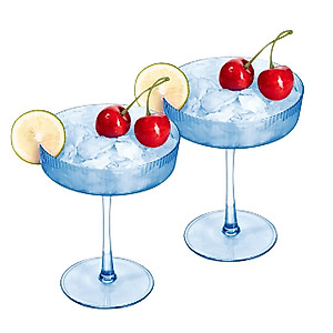 Rose Pink Ribbed Coupe Cocktail, Champagne & Martini Glasses 8 oz | Set of 2 | Retro Style Classic Manhattan Glasses For Cocktails, Ripple Coupe Glasses, Art Deco Gatsby Vintage, Crystal with Stems