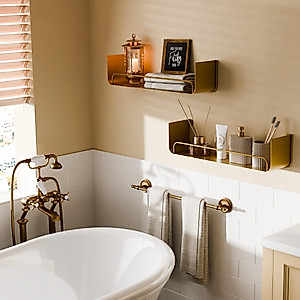 YEMNMFH 16 Inch Gold Floating Shelves Set of 2, Modern Iron Bathroom Shelves with Guardrail, U-Shaped Wall Mounted Shelf for Home Decor & Organizer, Display Shelf for Bathroom,Kitchen,Bedroom&Any Room