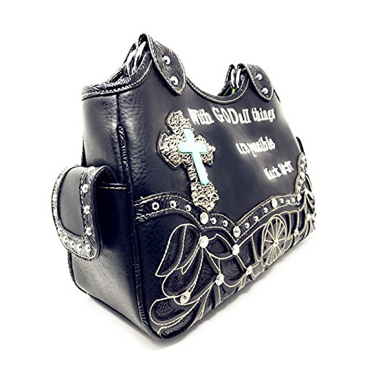Western Style Embroidery Scripture Women Rhinestone Cross Bible Cover Book Case Crossbody Handbag Wallet in 5 Colors (Black Set)