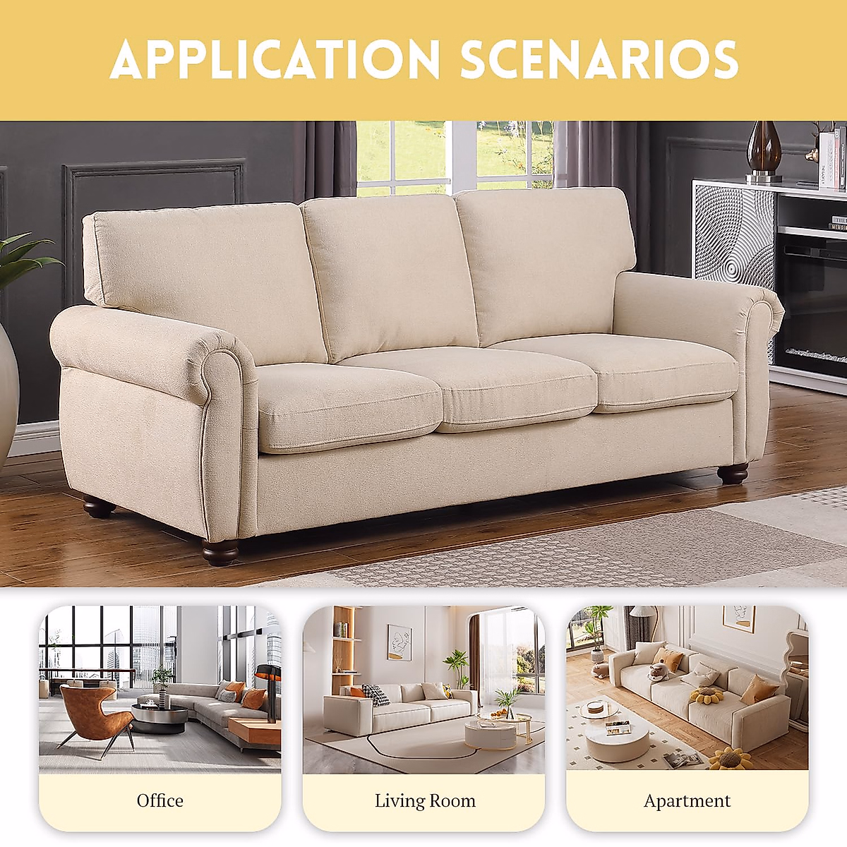 jurmiture 84" Modern 3 Seater Couches, Fabric Linen Deep Seat Sofa Mid Century Couches with Rolled Arms, Comfy Three Seater Couch Sofa with Turned Wooden Legs, Beige 3 Cushion Couches for Living Room