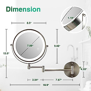 GREENFROM Rechargeable Wall Mounted Makeup Mirror Brushed Nickel, 8.5'' Magnifying Mirror with Lights Double-Sided 1X/10X 360° Rotation Extension Bathroom Shaving Mirror with Foldable Arm