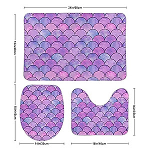 SEPTYK Mermaid Fish Scales Pattern Bathroom Rugs Sets 3 Piece Absorbent Soft Non-Slip Bath Mat U-Shaped Pad and Toilet Lid Cover Washable Bathroom Decoration 15.7"x23.6"