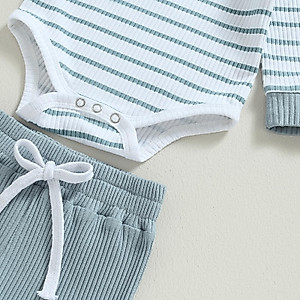 Newborn Baby Boy Girl Clothes Ribbed Knitted Long Sleeve Romper Pants Solid Cotton Infant Fall Winter Outfits 2Pcs (Striped Blue, 0-3 Months)