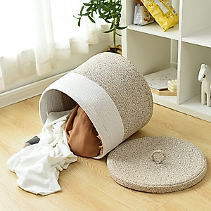 Tegance Blanket Basket with Lid, 16"D x 14"H Large Woven Rope Basket Laundry Basket Baby Toy Storage Basket Hamper Decorative Nursery Bin for Living Room Bedroom with Handles (Brown&White)