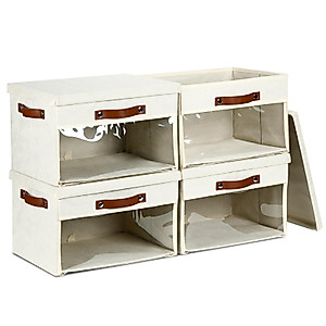 Bidtakay Collapsible Storage Bins with Lid Storage Cubes with Clear Window 15 x 11 inch Fabric Closet Organizer with Handles Storage Baskets for Shelves Organization Clothes 4-Pack Ivory