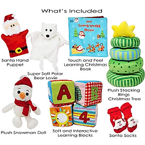 Baby Stocking Stuffer Set - Babys First Christmas Toys - Plush Toys Including Christmas Book, Plush Snowman, Baby Santa Socks and Santa Hand Puppet - Christmas Gifts for Kids and Babies