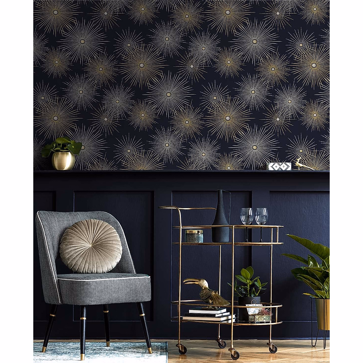 NextWall Starburst Geo Mid Century Peel and Stick Wallpaper (Midnight Blue & Metallic Gold)
