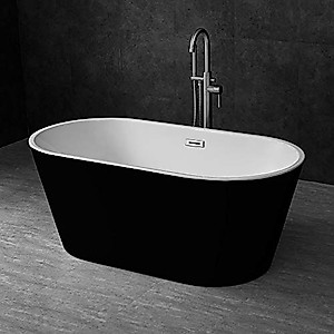 WOODBRIDGE B-1814 59" Acrylic Freestanding Bathtub Contemporary Soaking Tub with Brushed Nickel Overflow and Drain BTA1814-B,Black