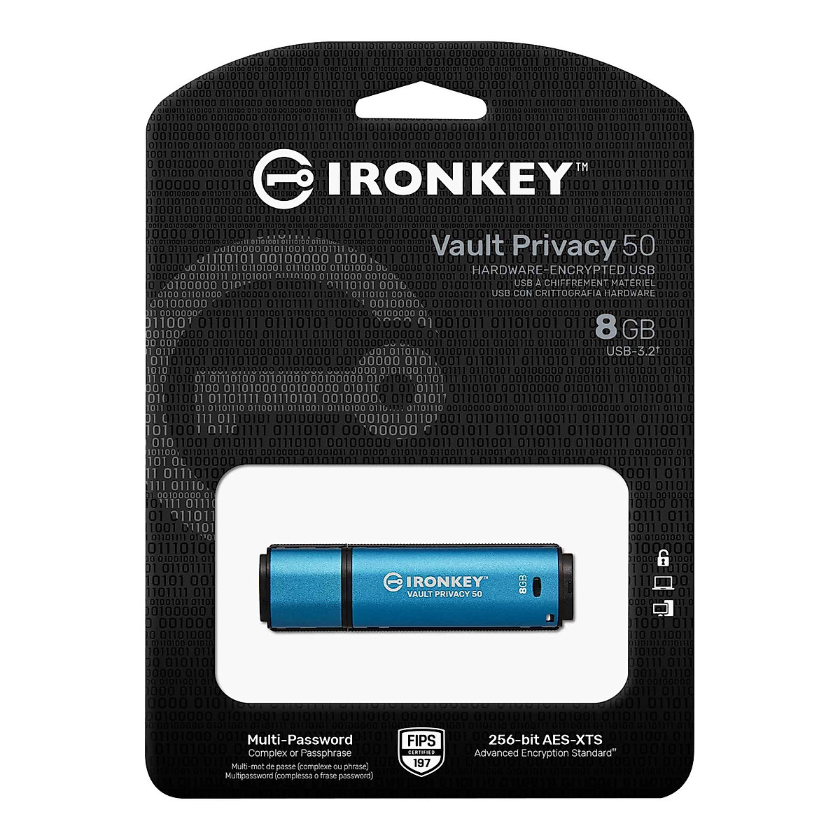 Kingston IronKey Vault Privacy 50 8GB Encrypted USB | FIPS 197 | AES-256bit | BadUSB Attack Protection | Multi-Password Options | IKVP50/8GB