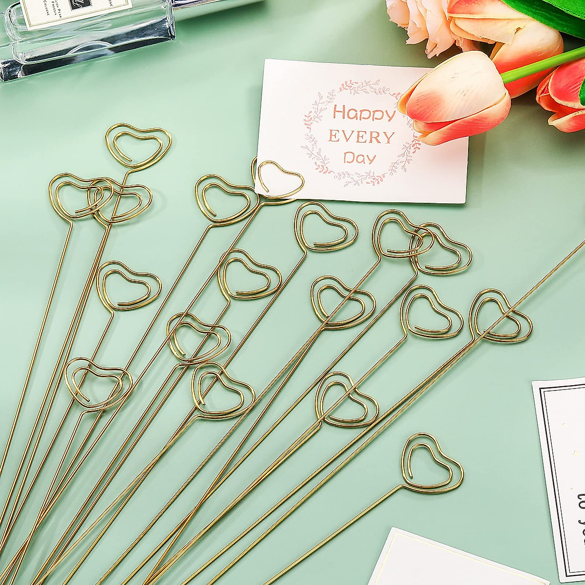 30 Pcs Metal Wire Floral Place Card Holder Pick 12 Inch Gold Photo Clip Card Heart Shape Table Memo Cake Topper for Wedding Birthday Baby Shower Party Favor