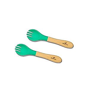 Avanchy Baby Fork Set, Bamboo and Silicone Spork Utensils, Toddler Baby Led Weaning Silverware Cutlery Flatware, Kids First Self Feeding, 2 Pack, Green