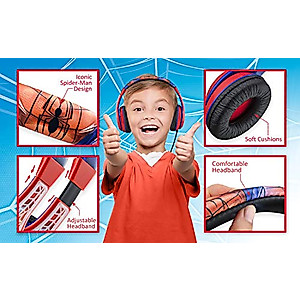 Spiderman Kids Headphones, Adjustable Headband, Stereo Sound, 3.5Mm Jack, Wired Headphones for Kids, Tangle-Free, Volume Control, Foldable, Childrens Headphones Over Ear for School Home, Travel