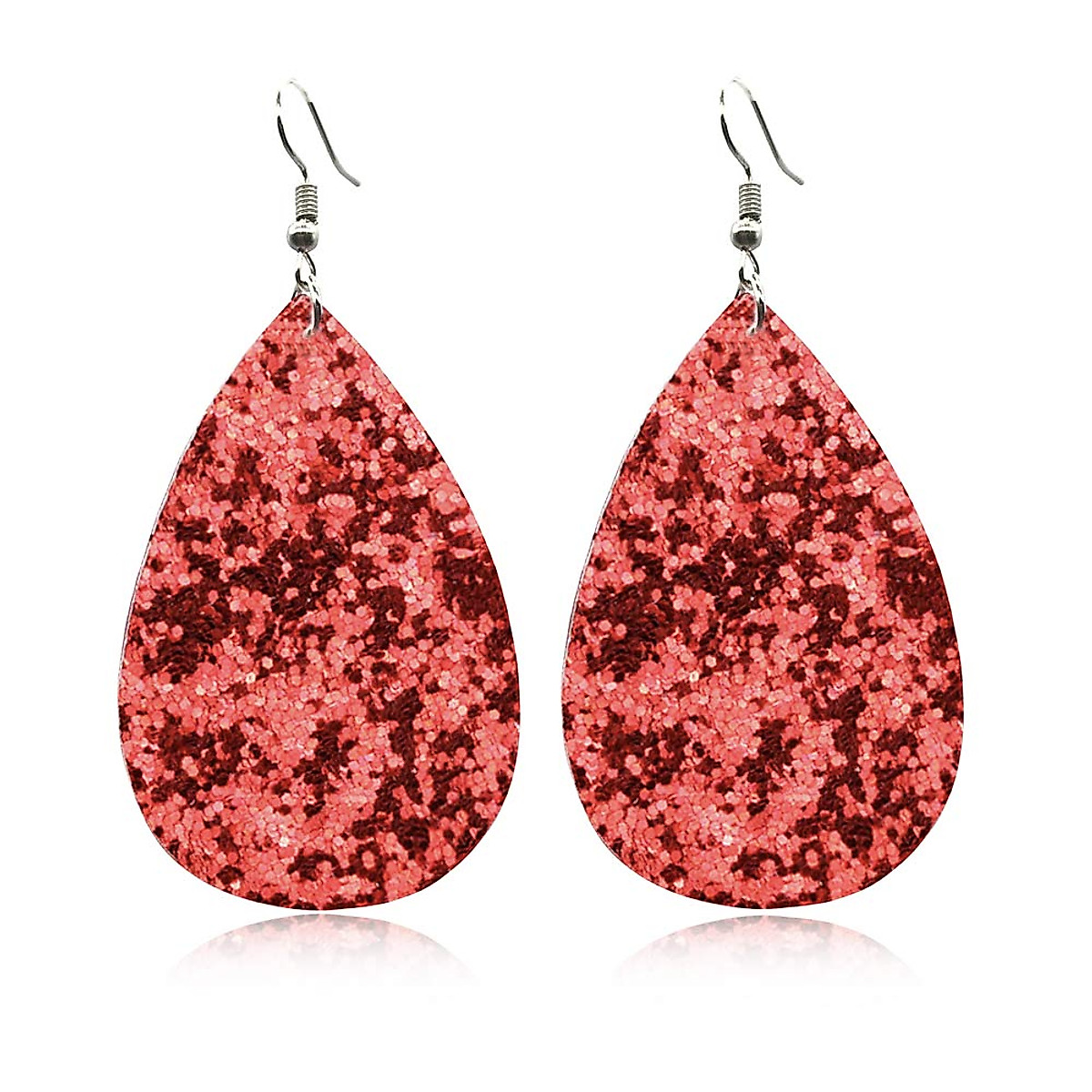 GIMEFIVE 4 Pairs Leather Teardrop Glitter Sequins Earring Lightweight Leaf Drop Bohemian Hollow Earrings For Women (Red+Gold+Silver+White)