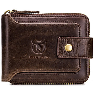 BULLCAPTAIN Mens Genuine Leather Zipper Wallet RFID Blocking Bifold Zip Around Multi Credit Card Holder,Big (brown)